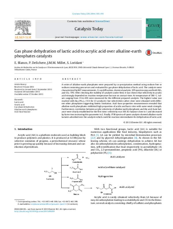 (PDF) Gas phase dehydration of lactic acid to acrylic acid over ...
