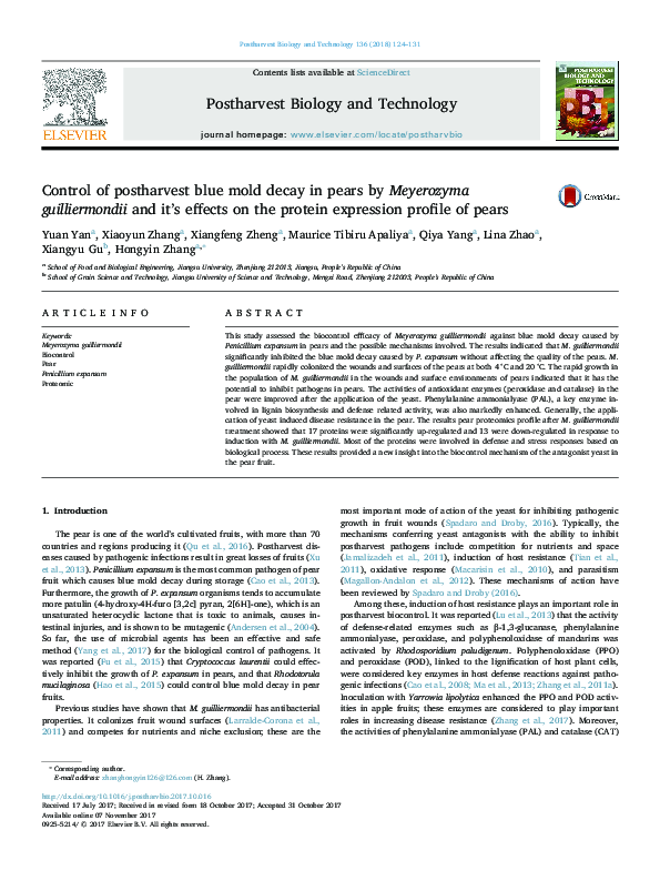 (PDF) Control of postharvest blue mold decay in pears by Meyerozyma ...