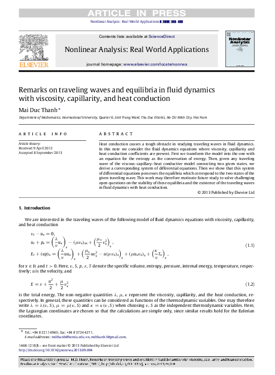 (PDF) Remarks on traveling waves and equilibria in fluid dynamics with viscosity, capillarity ...