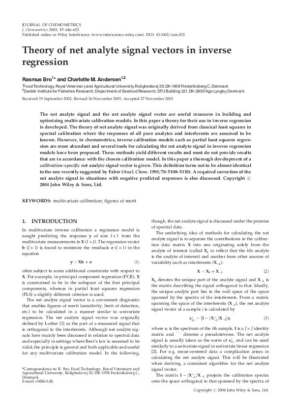(PDF) Theory of net analyte signal vectors in inverse regression