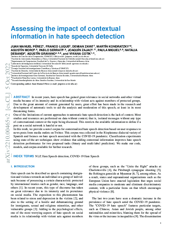 (PDF) Assessing the impact of contextual information in hate speech detection