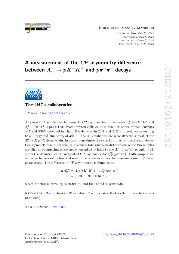 (PDF) A measurement of the CP asymmetry difference between Λ+ c → pK−K+ and pπ−π+ decays