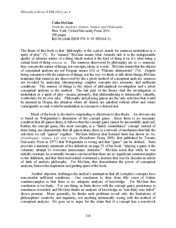 (PDF) Colin McGinn , Truth By Analysis: Games, Names, and Philosophy ...
