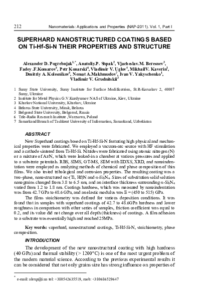 (PDF) SUPERHARD NANOSTRUCTURED COATINGS BASED ON Ti-Hf-Si-N THEIR PROPERTIES AND STRUCTURE