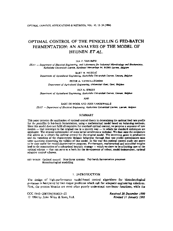 (PDF) Optimal Control of the Penicillin G Fed-Batch Fermentation: An Analysis of a Modified ...