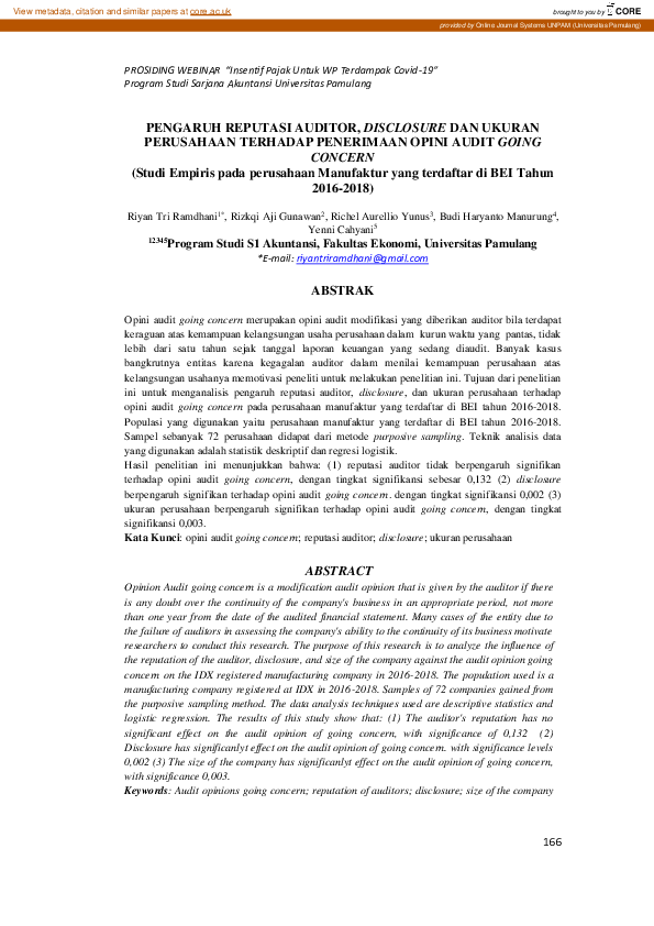 (PDF) PENGARUH REPUTASI AUDITOR, DISCLOSURE DAN UKURAN PERUSAHAAN TERHADAP PENERIMAAN OPINI ...
