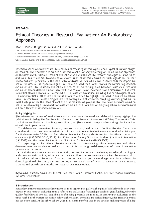 (PDF) Ethical Theories in Research Evaluation: An Exploratory Approach