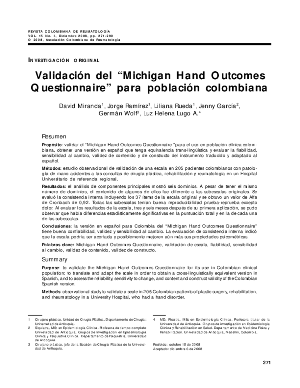 (PDF) Validación del" Michigan Hand Outcomes Questionnaire" para ...