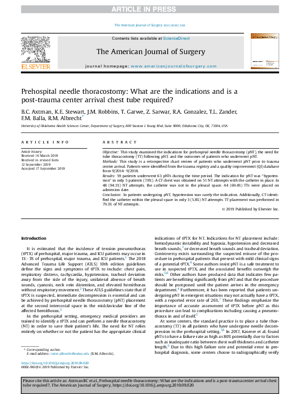 (PDF) Prehospital needle thoracostomy: What are the indications and is ...