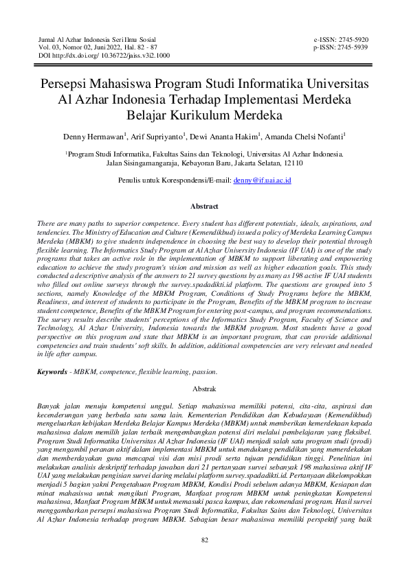 (PDF) Persepsi Mahasiswa Program Studi Informatika Universitas Al Azhar Indonesia Terhadap ...