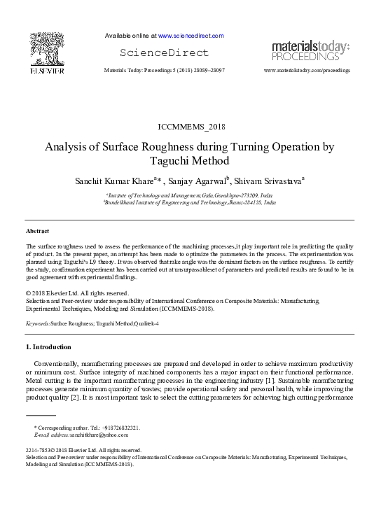 Pdf Analysis Of Surface Roughness During Turning Operation By Taguchi