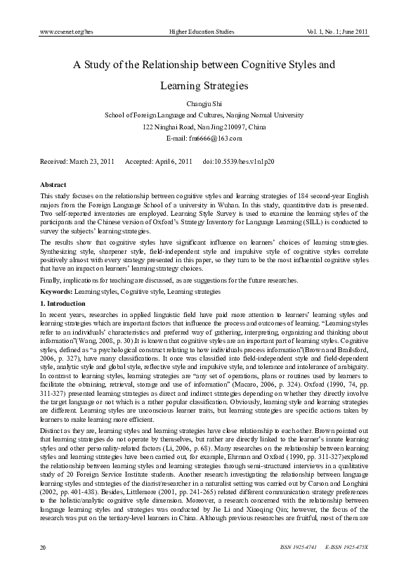 (PDF) A Study of the Relationship between Cognitive Styles and Learning Strategies