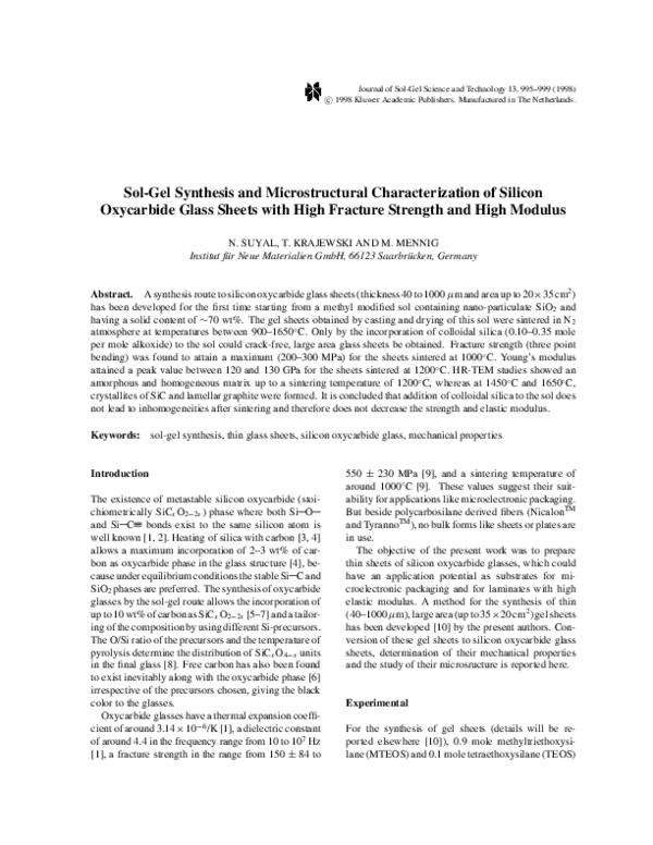 (PDF) Sol-Gel Synthesis and Microstructural Characterization of Silicon Oxycarbide Glass Sheets ...