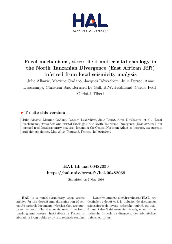 (PDF) Focal mechanisms, stress field and crustal rheology in the North Tanzanian Divergence ...
