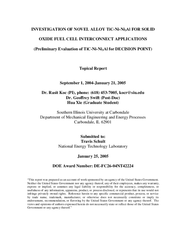 (PDF) INVESTIGATION OF NOVEL ALLOY TiC-Ni-Ni3Al FOR SOLID OXIDE FUEL CELL INTERCONNECT ...