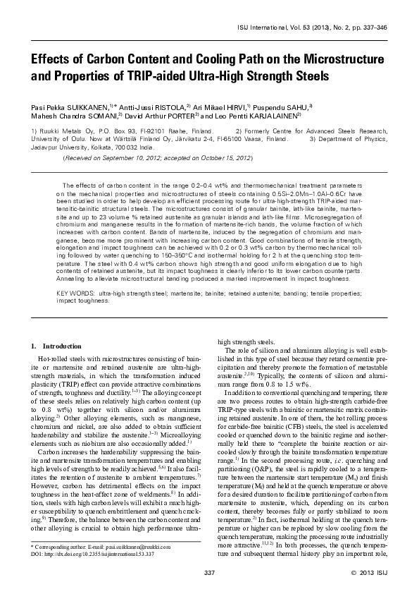 (PDF) Effects of Carbon Content and Cooling Path on the Microstructure and Properties of TRIP ...