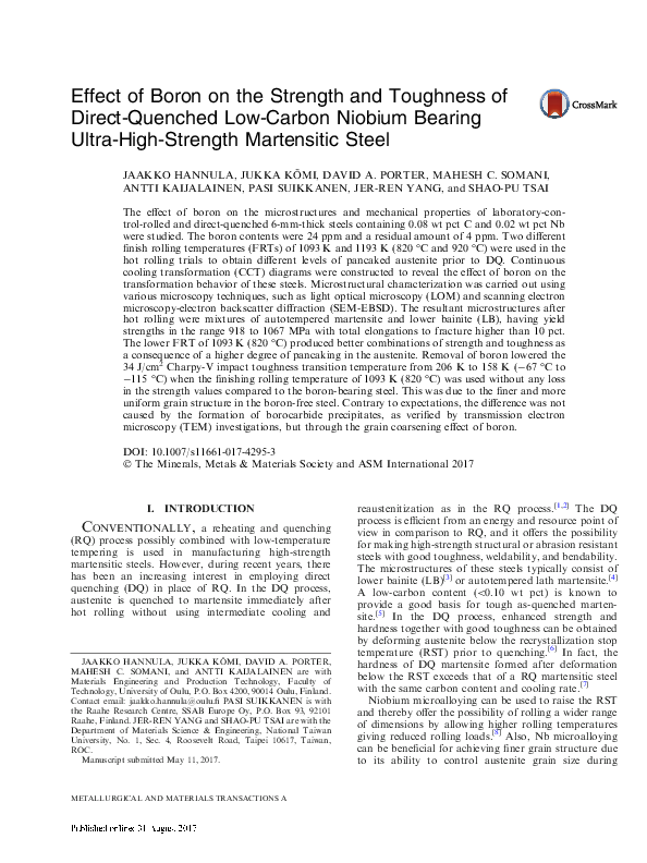 (PDF) Boron's Impact on Martensitic Steel Toughness
