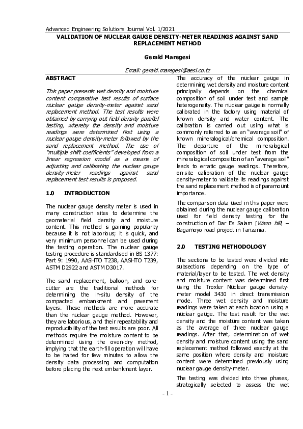 (PDF) 1 -VALIDATION OF NUCLEAR GAUGE DENSITY-METER READINGS AGAINST SAND REPLACEMENT METHOD