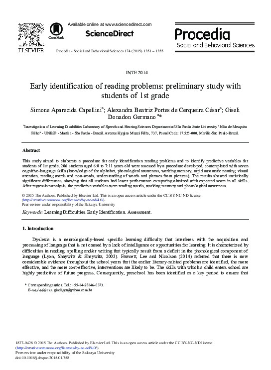 (PDF) Early Identification of Reading Problems: Preliminary Study with ...
