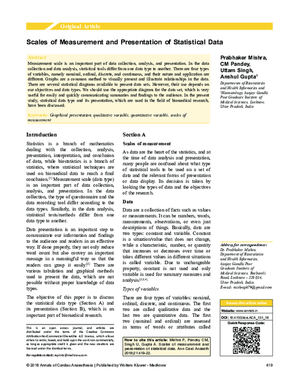 (PDF) Scales of measurement and presentation of statistical data