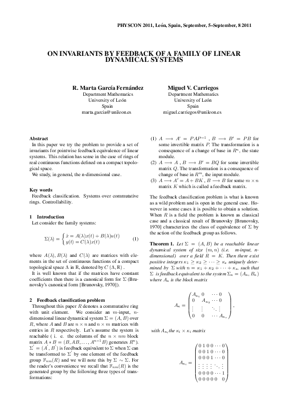 (PDF) On invariants by feedback of a family of linear dynamical systems