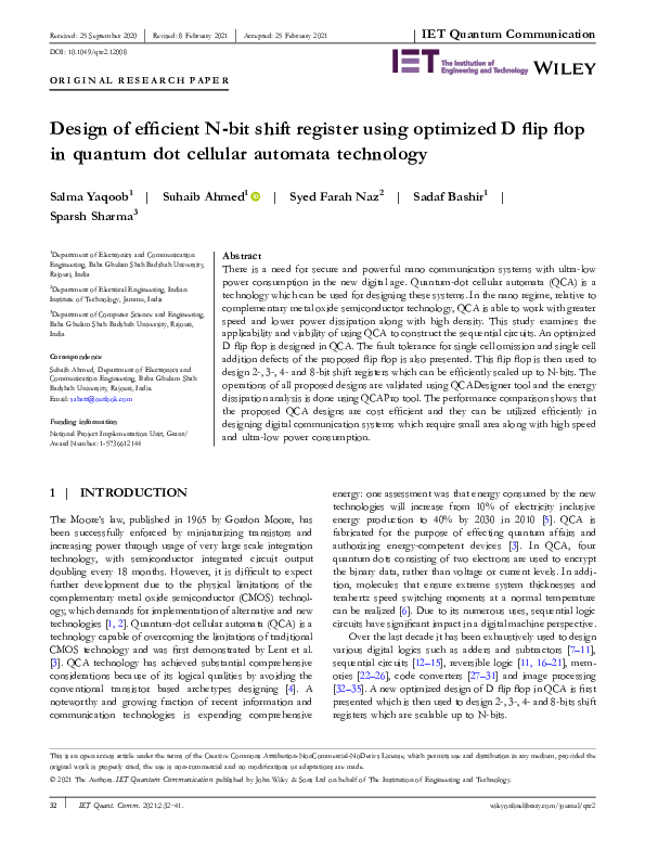 (PDF) Design of efficient N‐bit shift register using optimized D flip flop in quantum dot ...