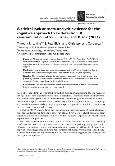 (PDF) A critical look at meta-analytic evidence for the cognitive approach to lie detection: A ...