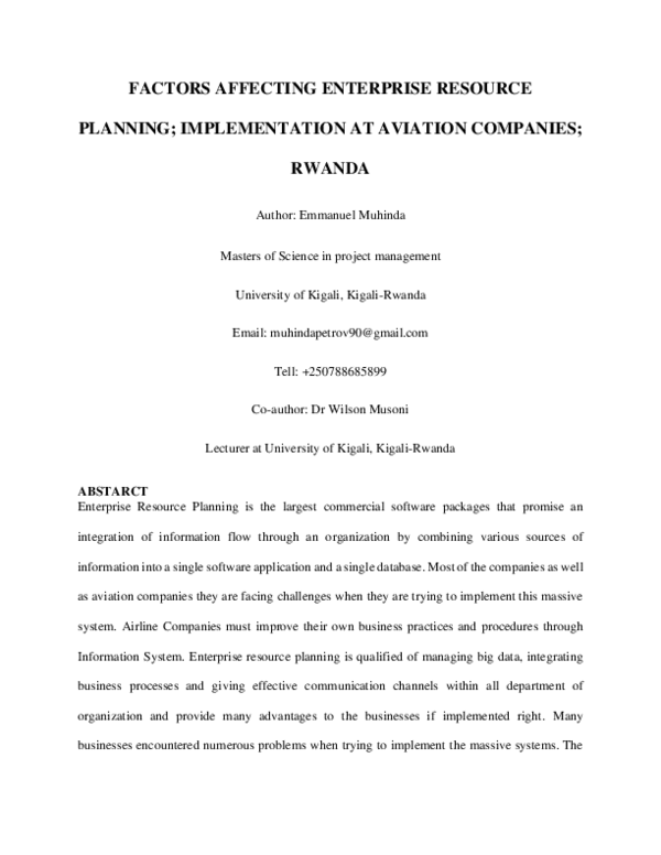 (PDF) FACTORS AFFECTING ENTERPRISE RESOURCE PLANNING; IMPLEMENTATION AT AVIATION COMPANIES; RWANDA