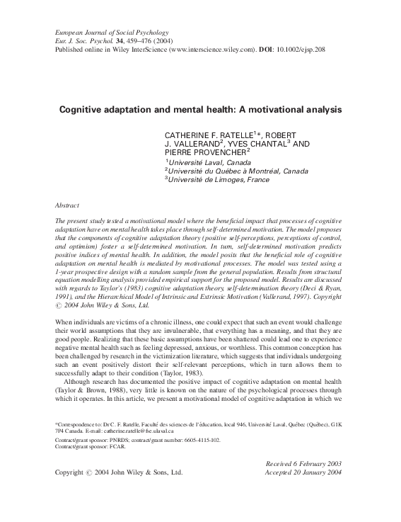 (PDF) Cognitive adaptation and mental health: A motivational analysis