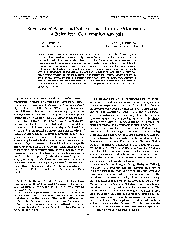 (PDF) Supervisors' beliefs and subordinates' intrinsic motivation: A ...