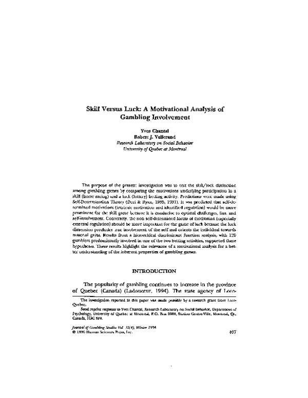 (PDF) Skill versus luck: A motivational analysis of gambling involvement