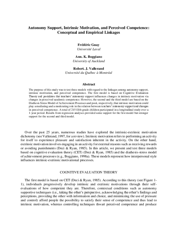 (PDF) Autonomy Support, Intrinsic Motivation, and Perceived Competence ...