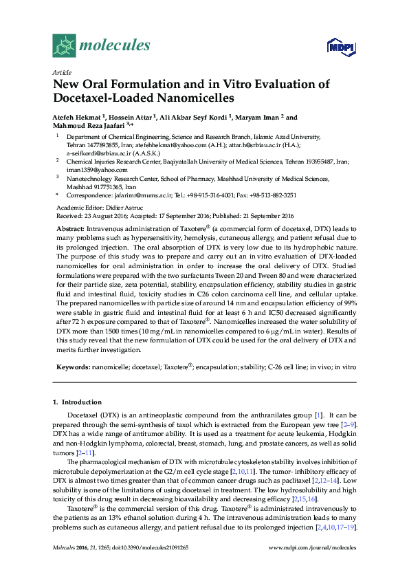 Pdf New Oral Formulation And In Vitro Evaluation Of Docetaxel Loaded Nanomicelles