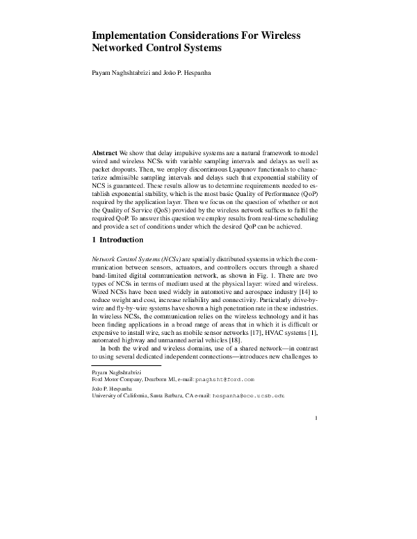 (PDF) Implementation Considerations For Wireless Networked Control Systems