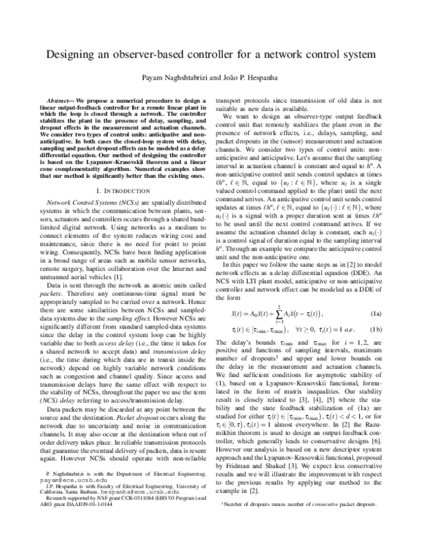 (PDF) Designing an observer-based controller for a network control system