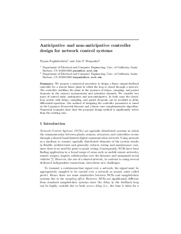 (PDF) Anticipative and Non-anticipative Controller Design for Network Control Systems