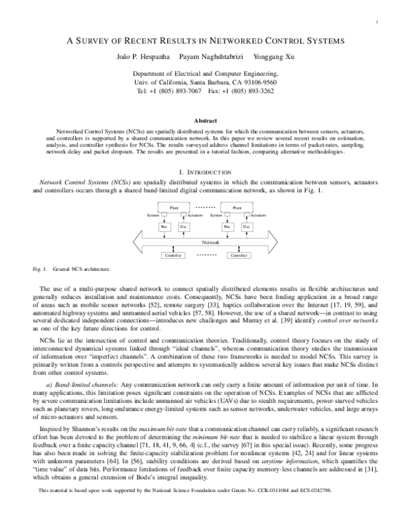 (PDF) A Survey of Recent Results in Networked Control Systems When sensors and actuators ...