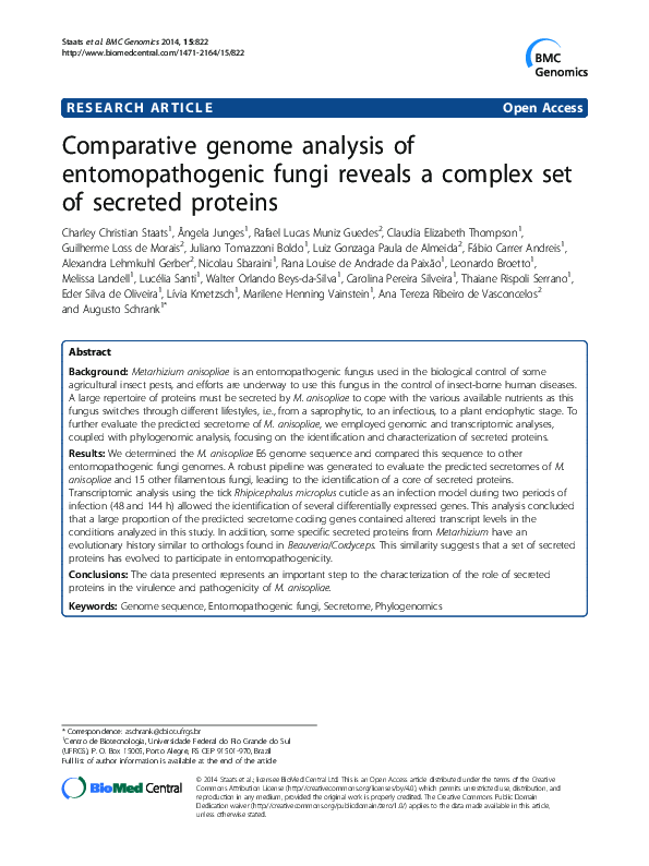 (PDF) Comparative genome analysis of entomopathogenic fungi reveals a complex set of secreted ...