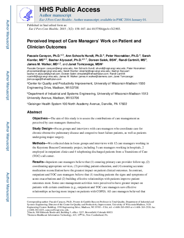 (PDF) Perceived Impact of Care Managers' Work on Patient and Clinician ...