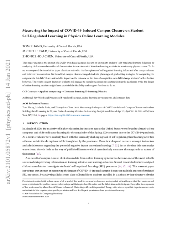 (PDF) Measuring the Impact of COVID-19 Induced Campus Closure on Student Self-Regulated Learning ...