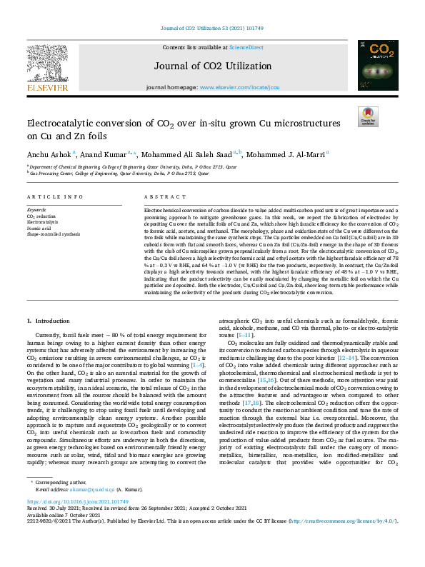 Electrocatalytic conversion of CO2 over in-situ grown Cu ...