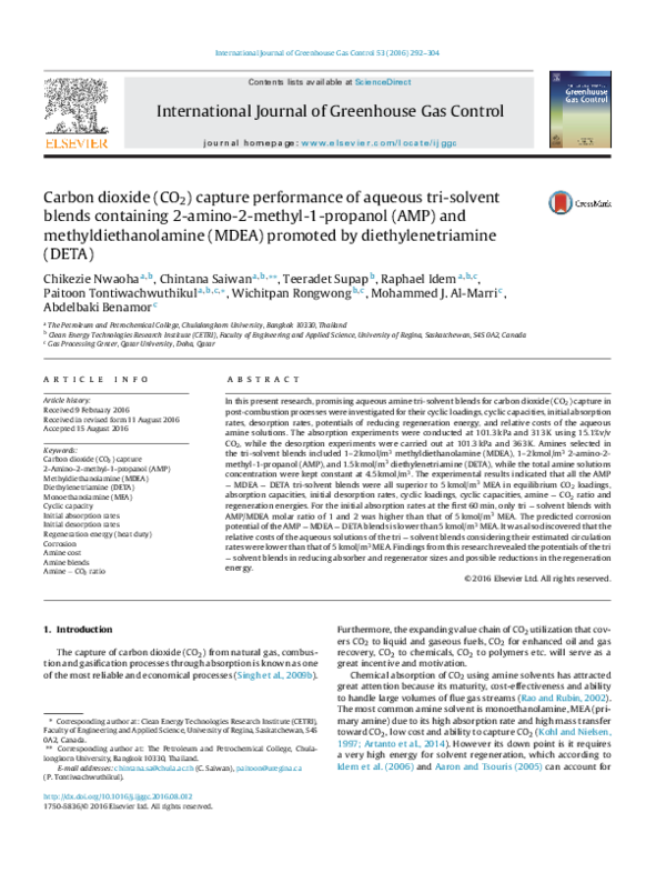 (PDF) Carbon dioxide (CO2) capture performance of aqueous tri-solvent ...