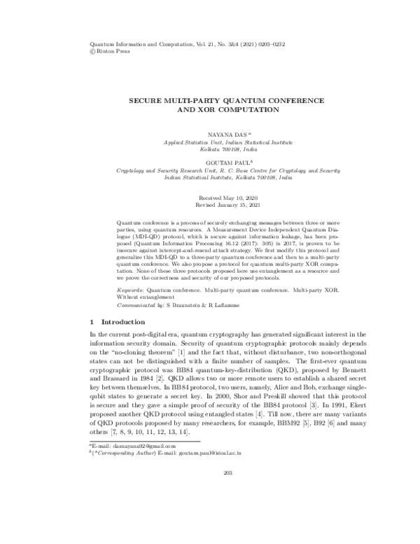 (PDF) Secure multi-party quantum conference and XOR computation (PDF) Secure multi-party quantum conference and XOR computation