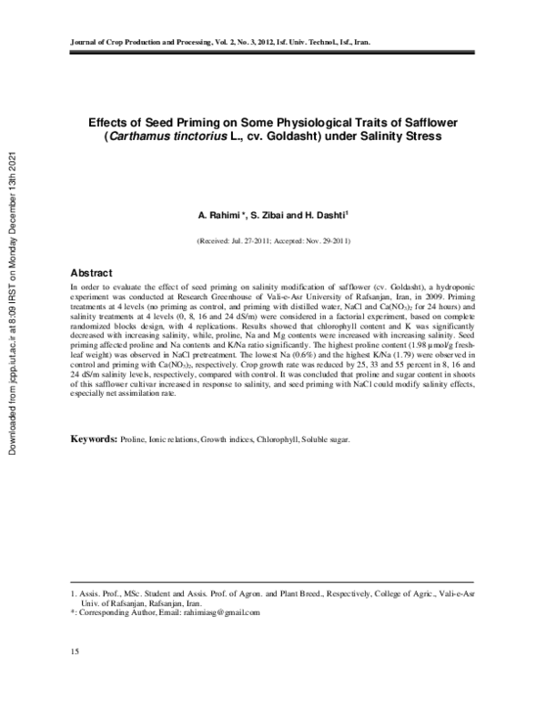 (PDF) Effects of Seed Priming on Some Physiological Traits of Safflower ...