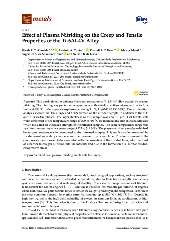 (PDF) Effect of Plasma Nitriding on the Creep and Tensile Properties of the Ti-6Al-4V Alloy
