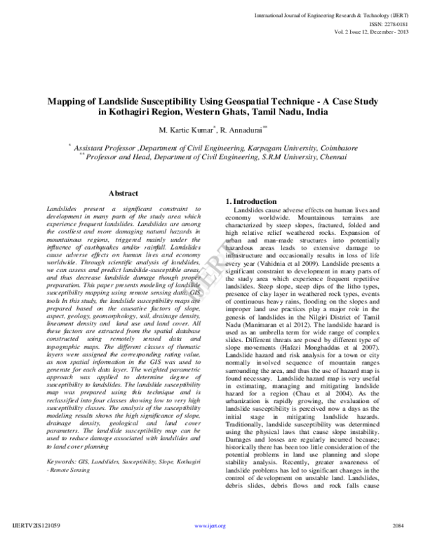 (PDF) Mapping of Landslide Susceptibility Using Geospatial Technique -A Case Study in Kothagiri ...