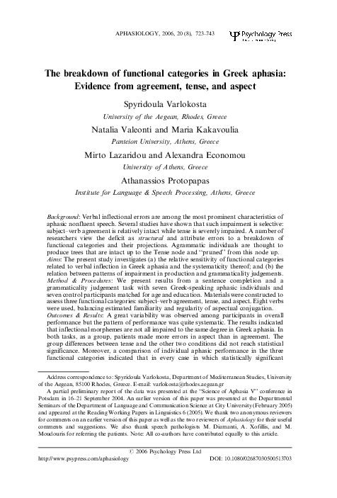 (PDF) The breakdown of functional categories in Greek aphasia: Evidence ...