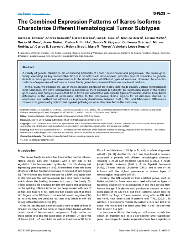 The Combined Expression Patterns of Ikaros Isoforms Characterize ...