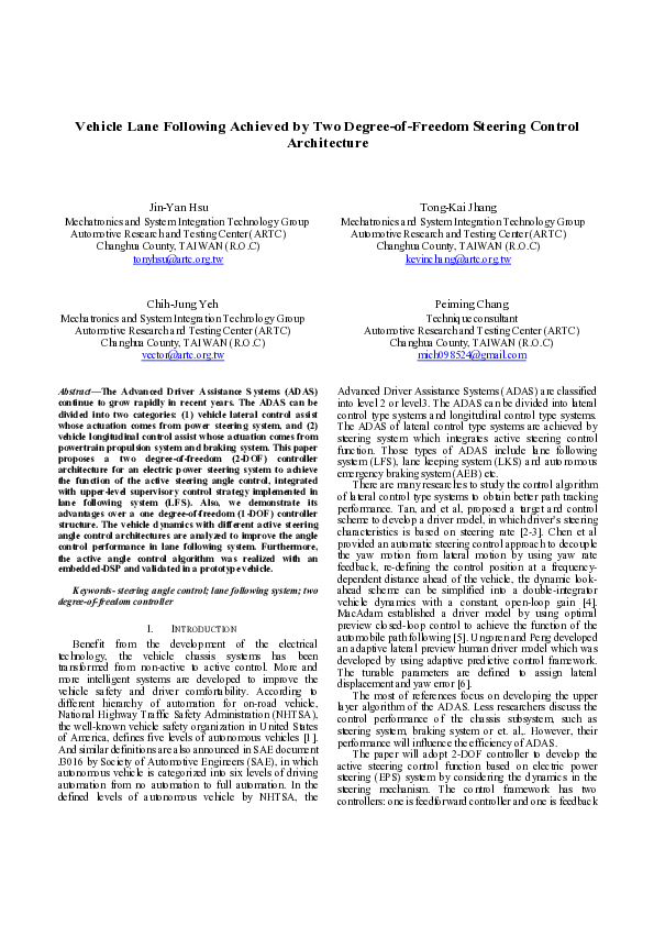 (PDF) Vehicle lane following achieved by two degree-of-freedom steering ...