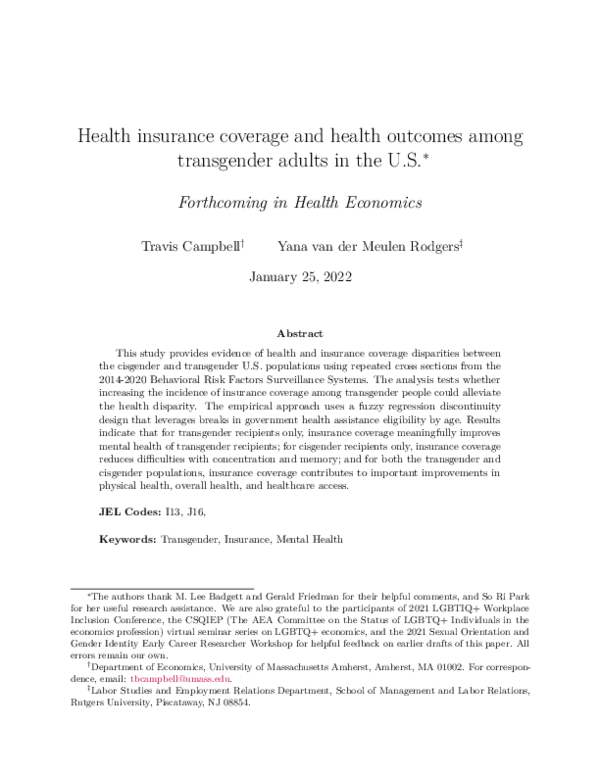 (PDF) Health insurance coverage and health outcomes among transgender ...
